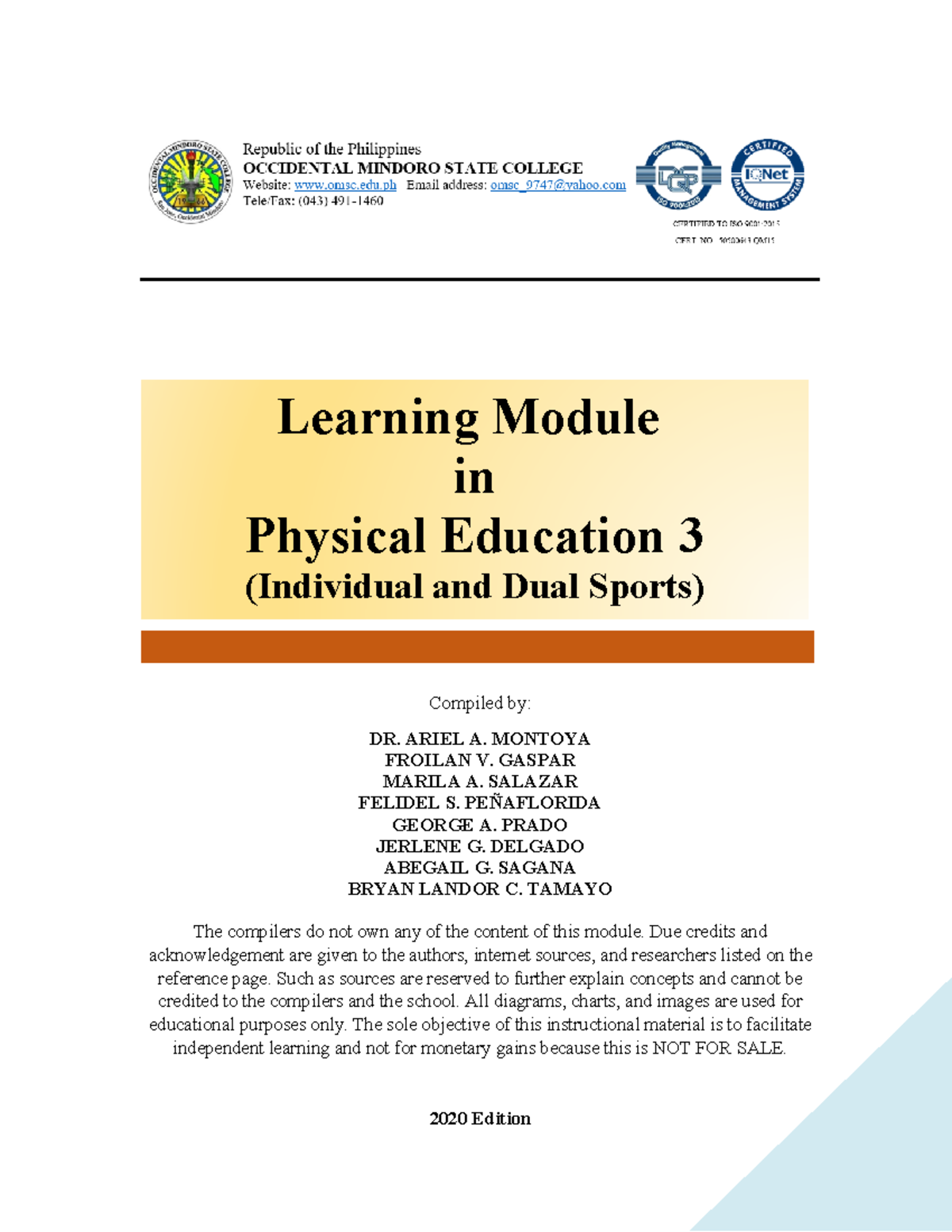 PE 3 Learning Module: Individual and Dual Sports (2020 Edition) - Studocu