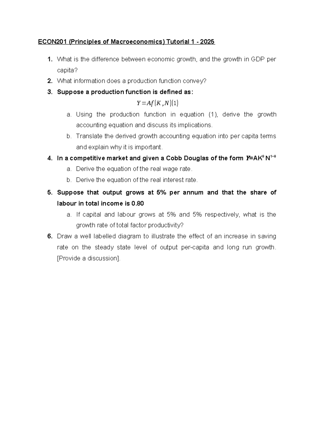 2025 ECON201 Principles of Macroeconomics Tutorial 1 Questions - Studocu