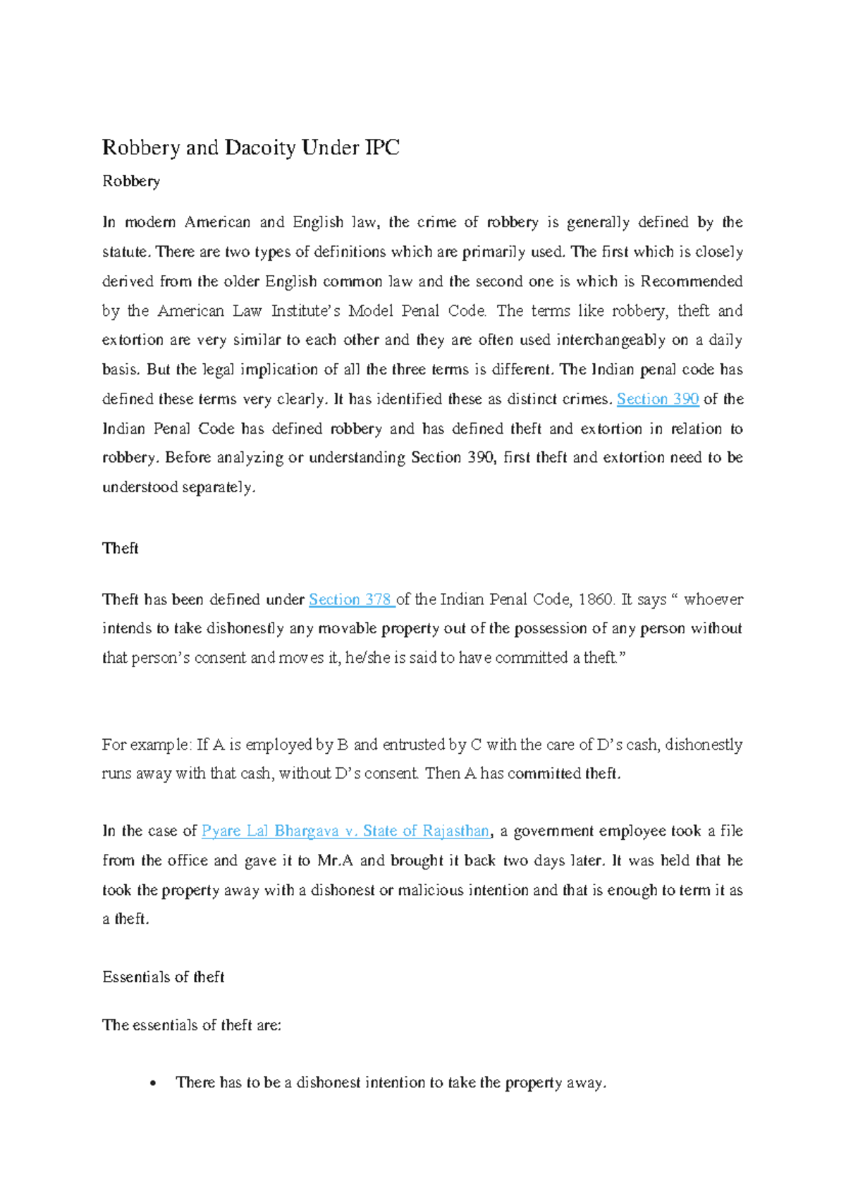 Robbery and Dacoity Under IPC: Understanding Theft and Extortion - Studocu