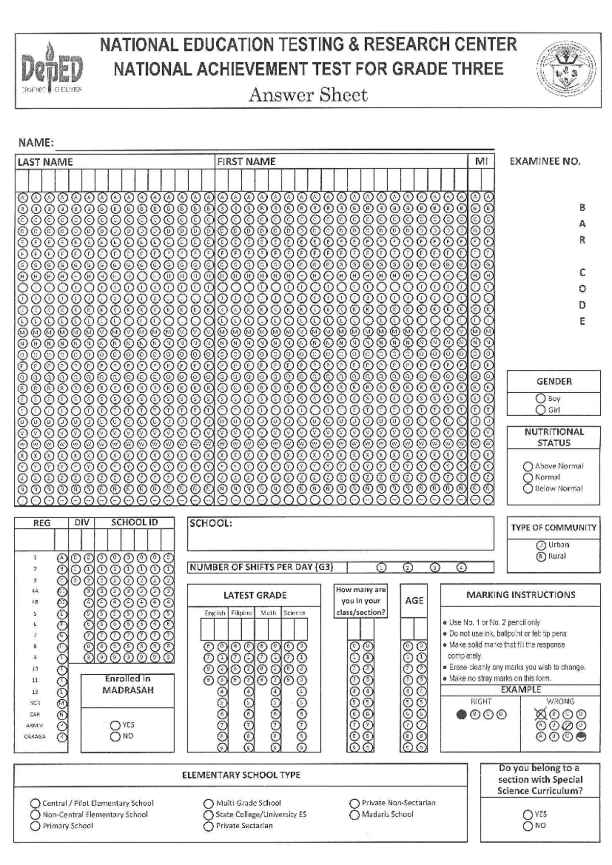 Grade 3 NAT Answer Sheet - National Achievement Test 2023 - Studocu