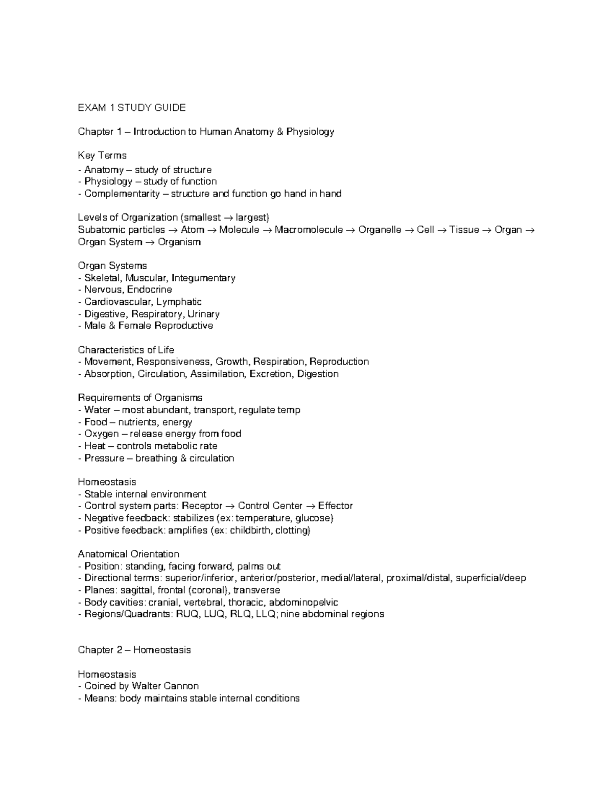 EXAM 1 STUDY GUIDE: Key Concepts in Human Anatomy & Physiology - Studocu