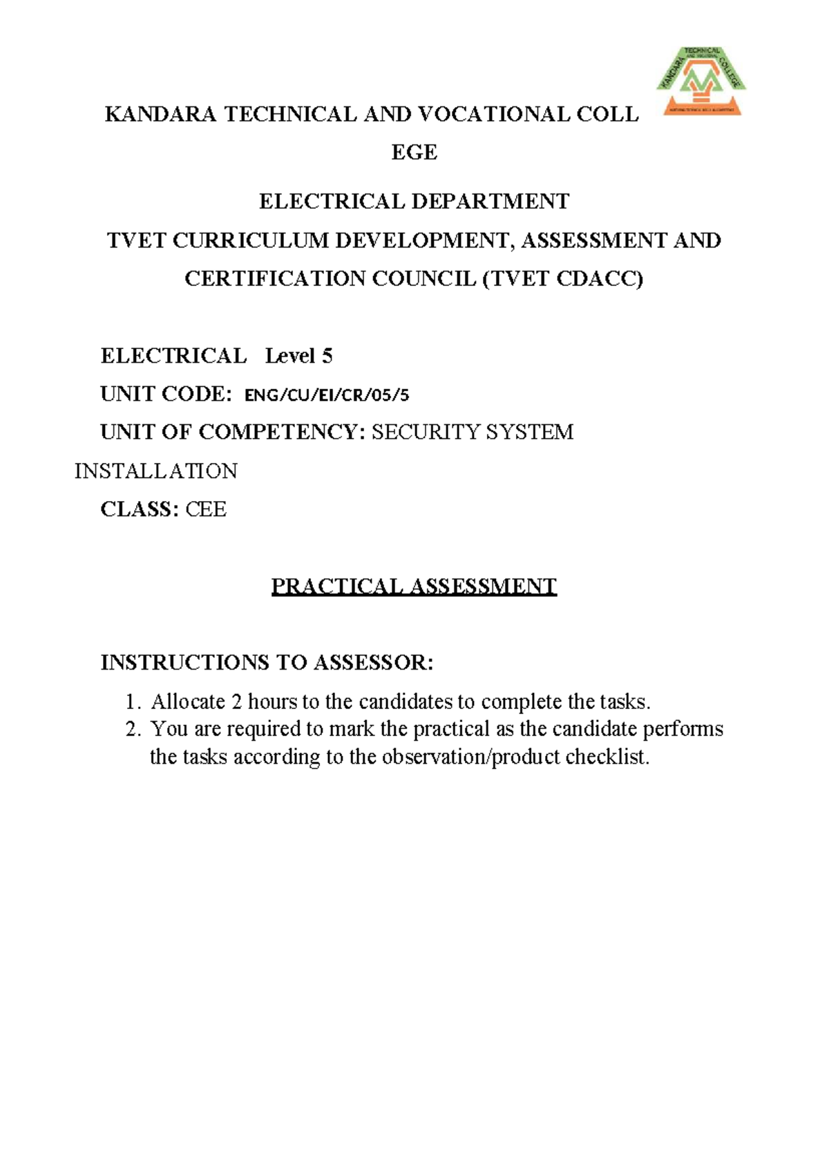Security System Installation Practical Assessment Checklist CEE LV5 ...