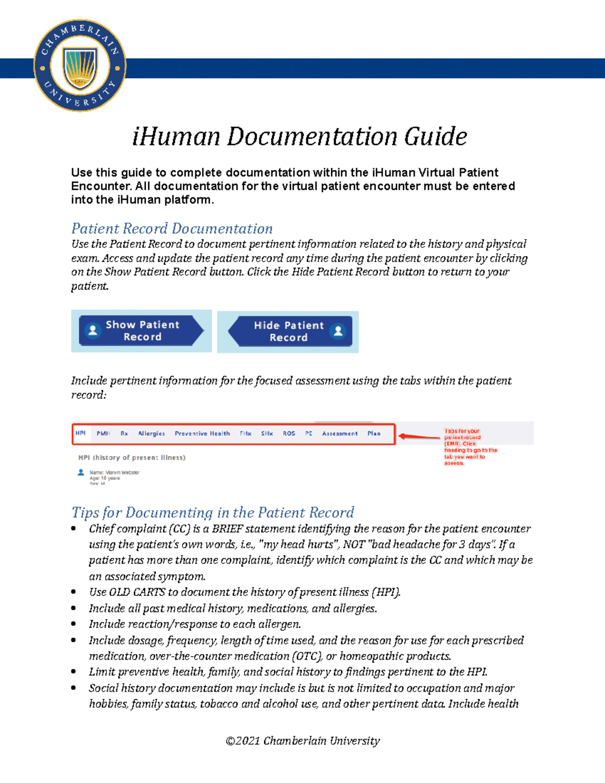 iHuman Virtual Patient Documentation Guide - Final Exam MAR22 - Studocu