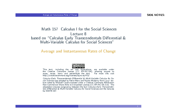 MATH 157 Lecture 8: Average & Instantaneous Rates of Change Notes - Studocu