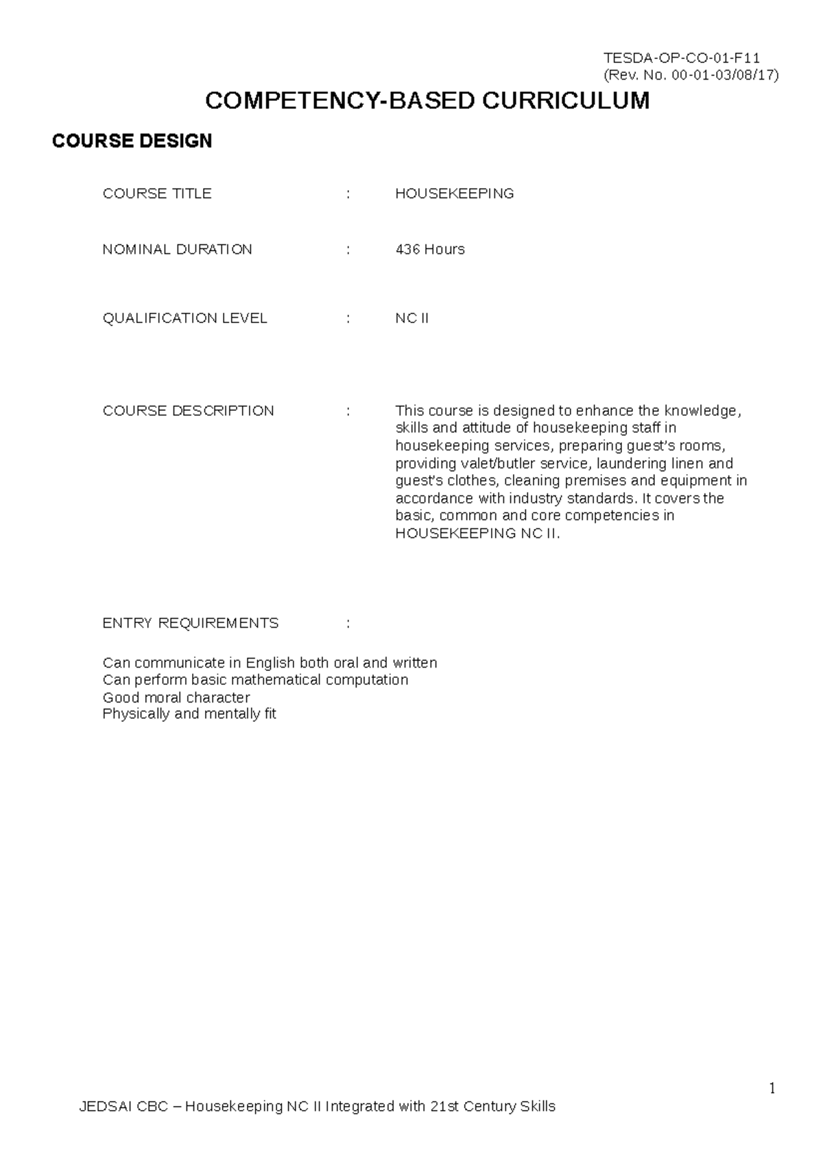 Housekeeping NC II Course Design & Competency-Based Curriculum - Studocu