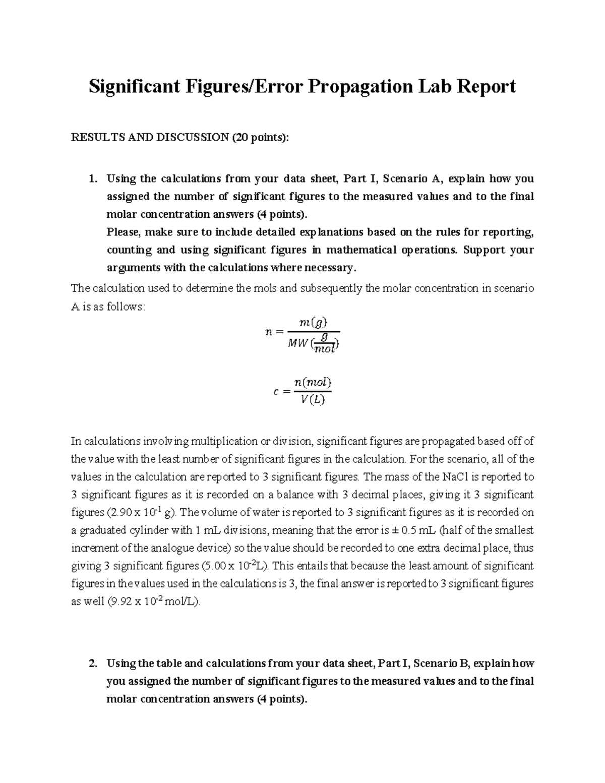 Chem 101: Error Propagation and Significant Figures Lab Report - Studocu