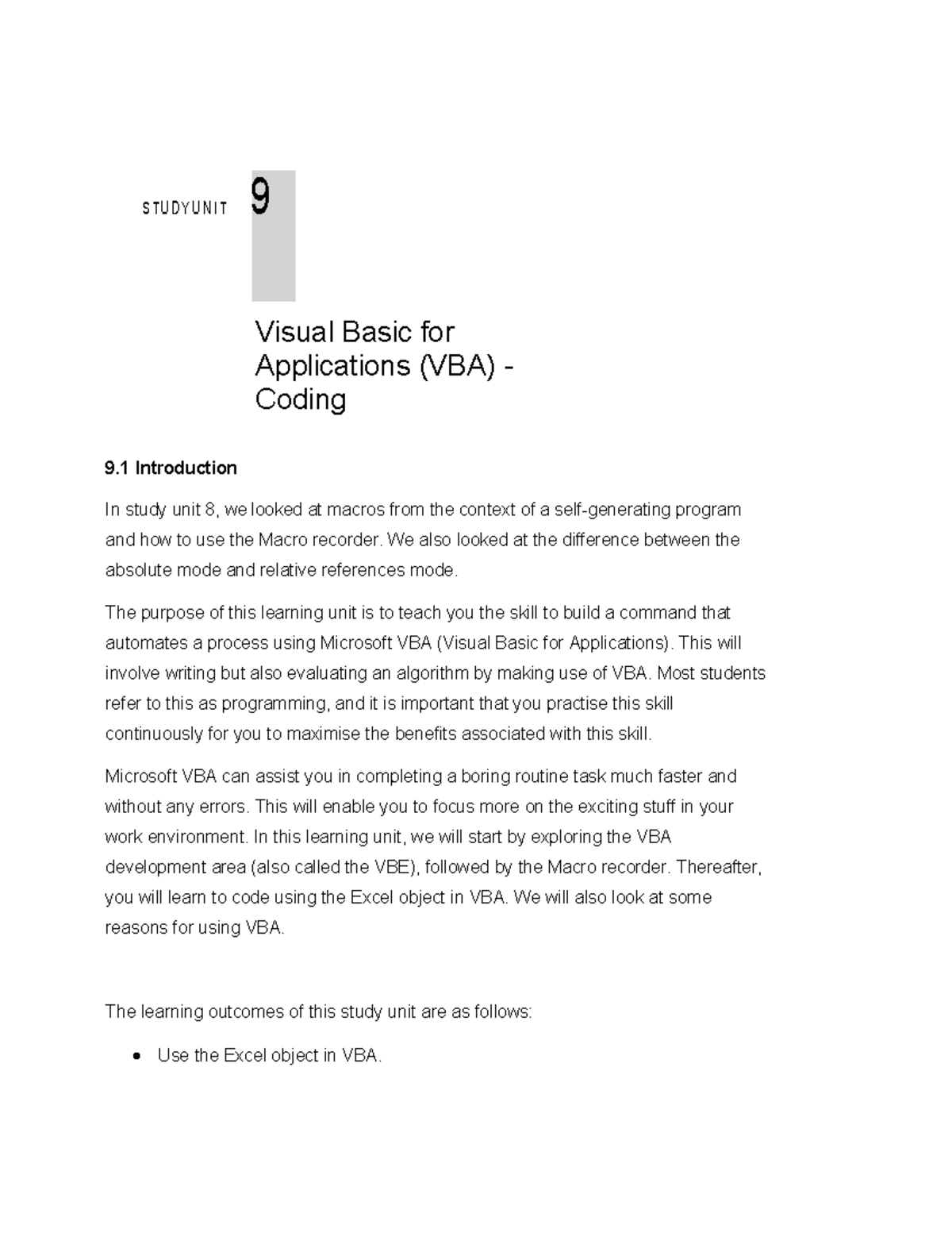 AIN2601 Study Unit 9: Introduction to VBA Coding Techniques - Studocu