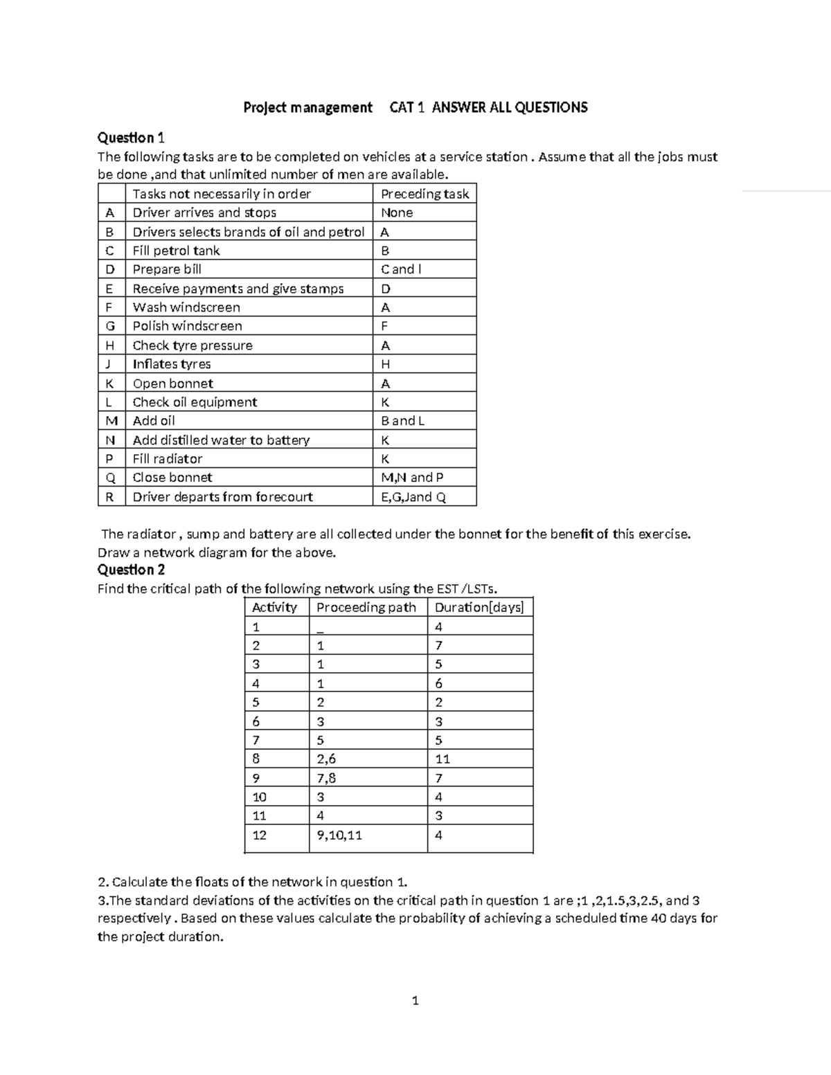 Project Management CAT 1: Critical Path & Network Analysis Questions ...