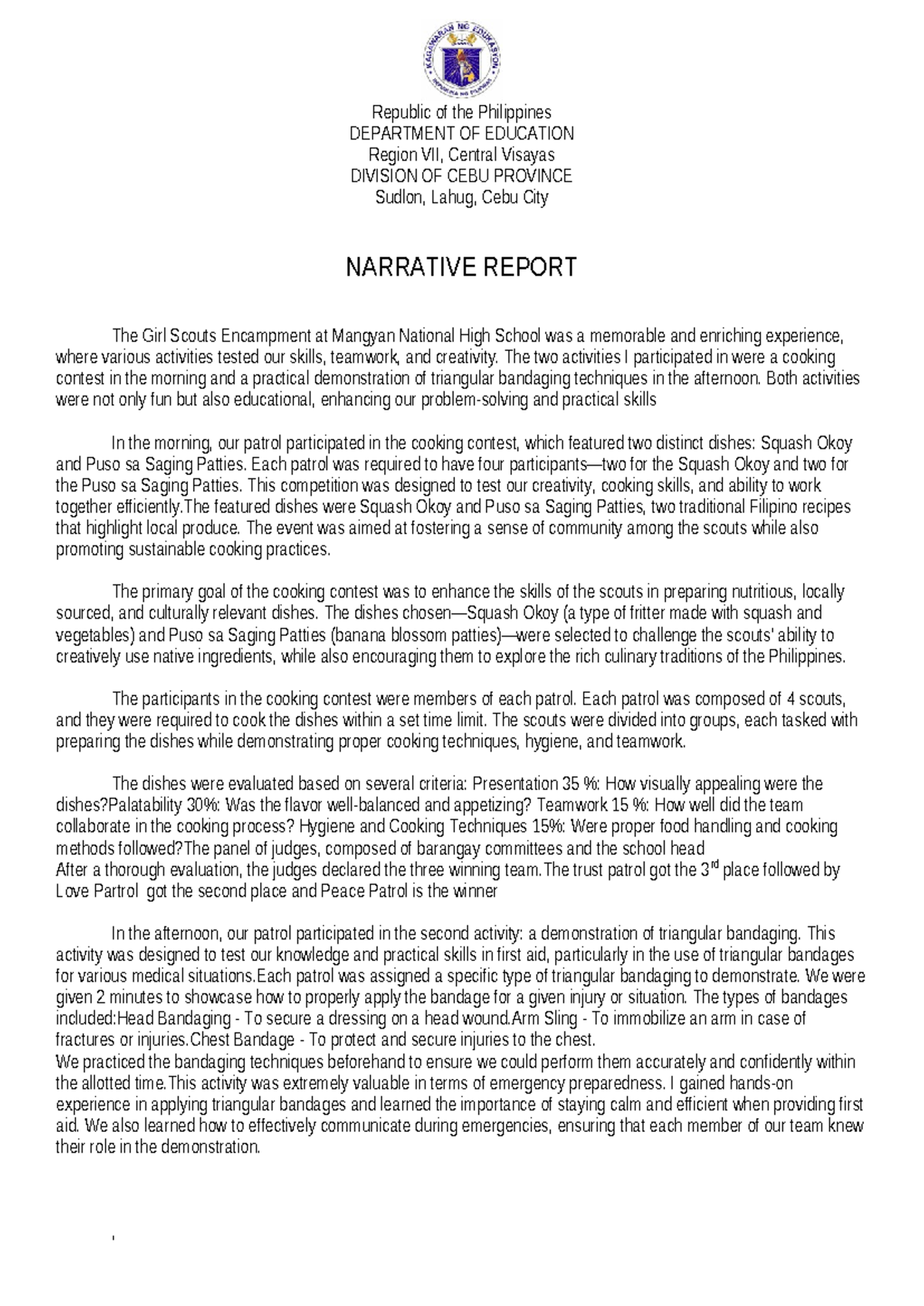 Narrative report -genife - Republic of the Philippines DEPARTMENT OF ...