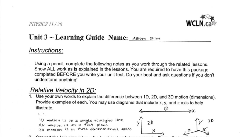 Physics 11 Unit 3: Relative Velocity and Projectile Motion Learning ...