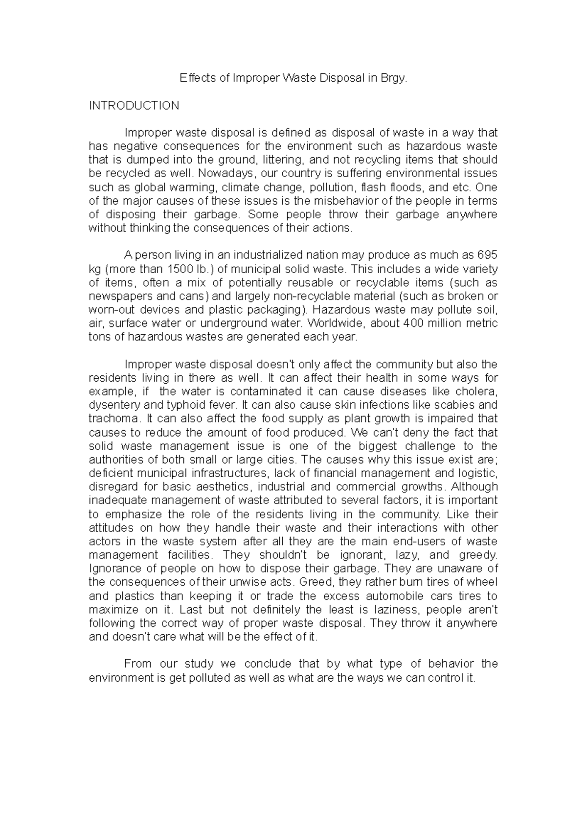 Effects of Improper Waste Disposal on Community Health and Safety - Studocu