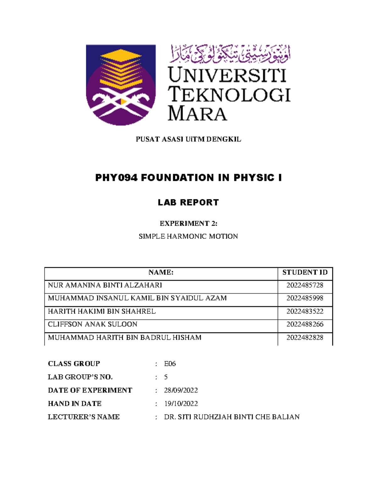 PHY094 Lab Report: Simple Harmonic Motion Experiment Analysis - Studocu