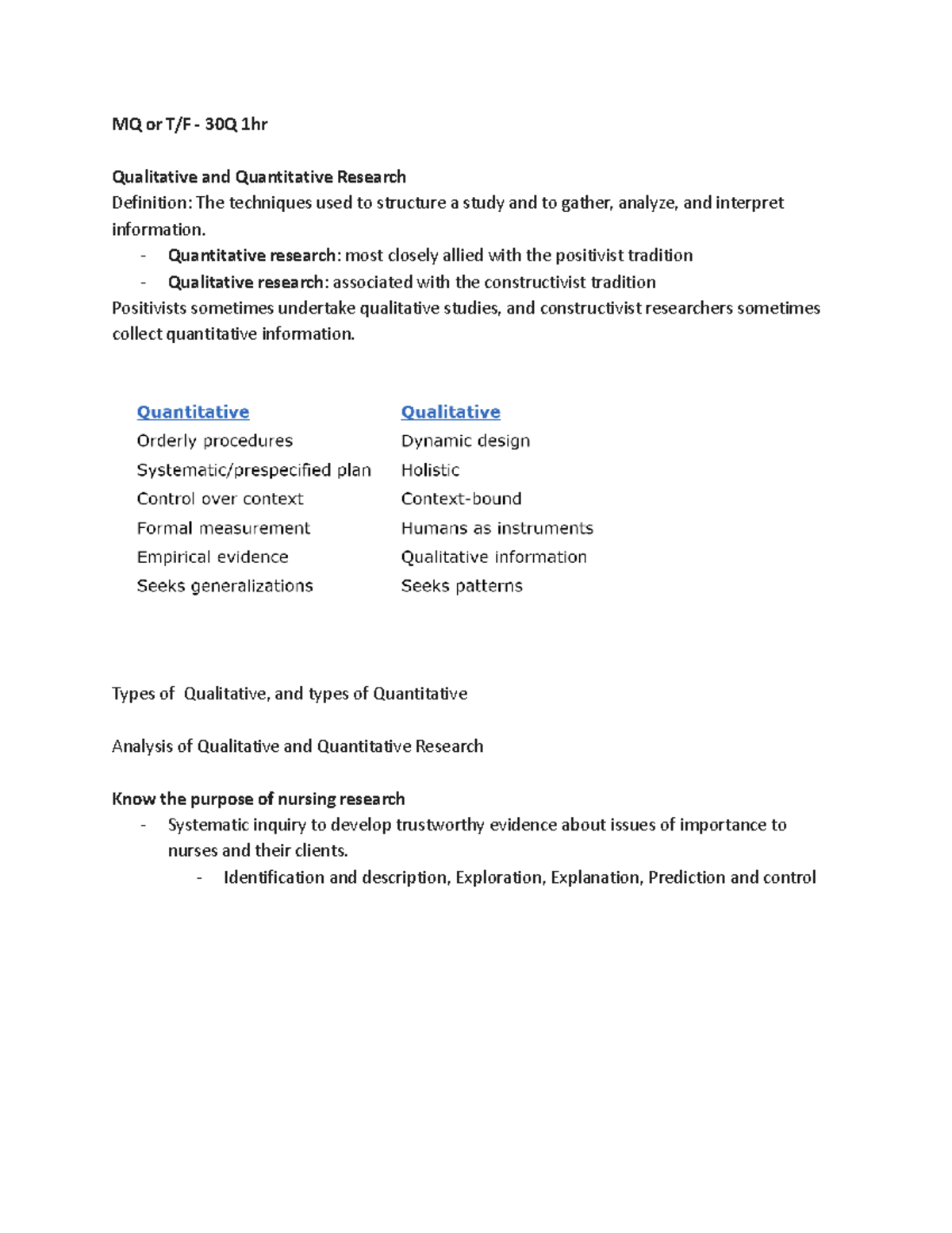NUR 302 - Qualitative & Quantitative Research Overview - Studocu