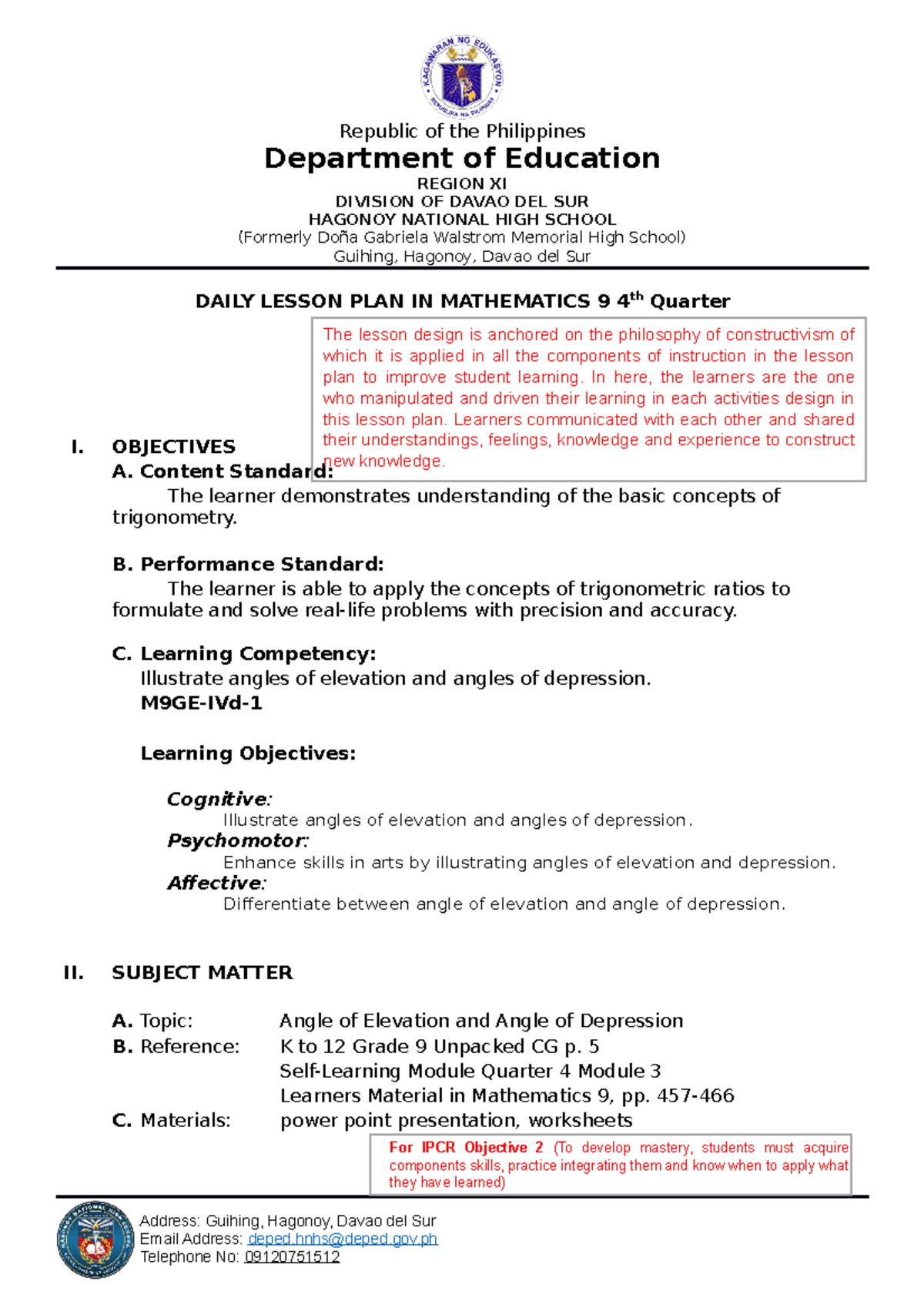 Dacay DLP CO2 - Sample lesson plan - Republic of the Philippines ...