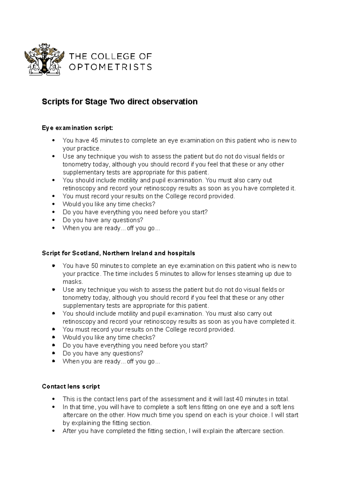 Stage 2 DO Scripts for Eye Exam & Contact Lens Assessment - Studocu