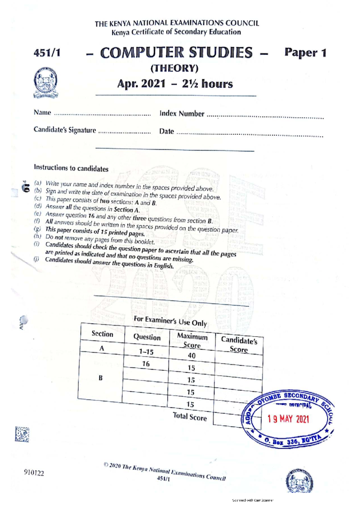KCSE COMPUTER STUDIES Paper 1 (THEORY) Apr. 2021 Exam Guide - Studocu