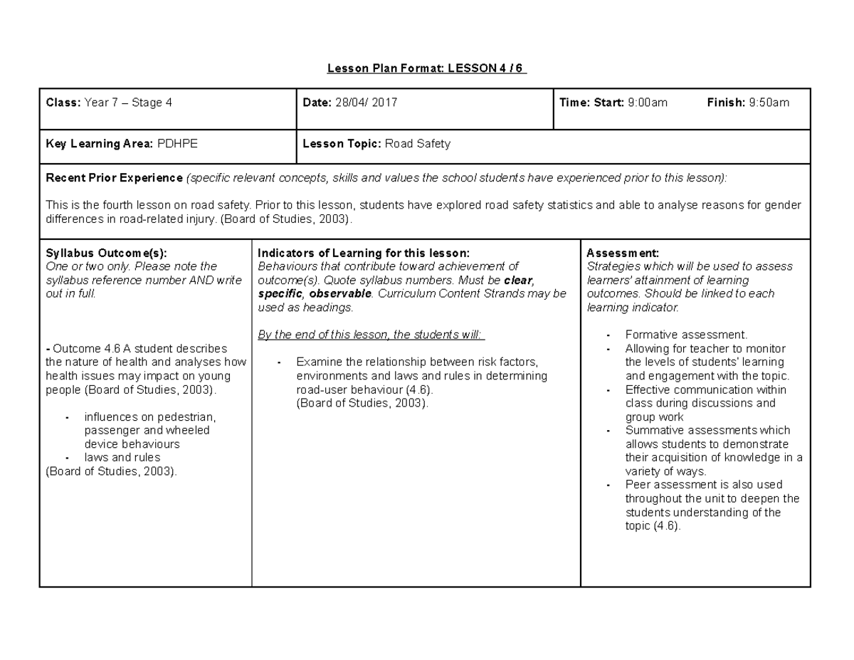 A1 Lesson Plan notes - Lesson Plan Format: LESSON 4 / 6 Class: Year 7 ...