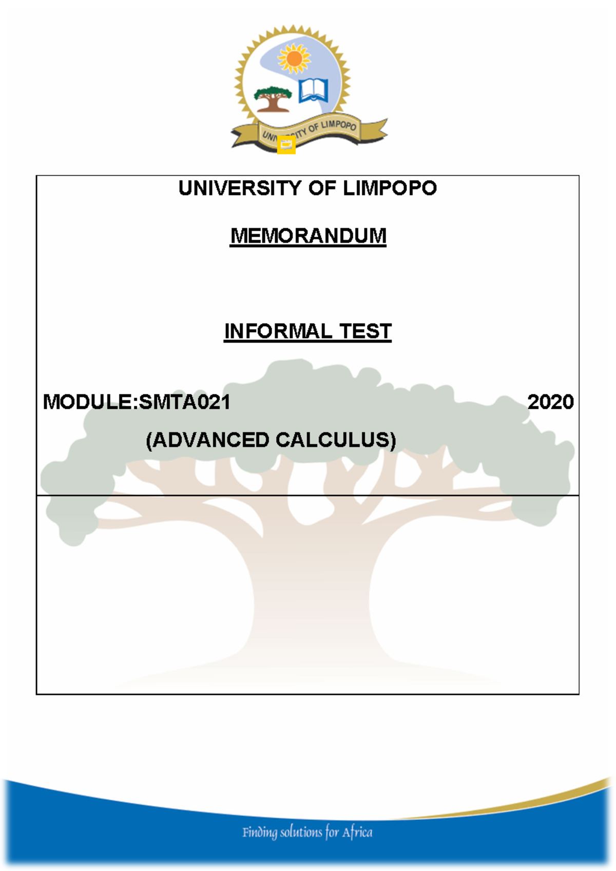 2020.Memorandum-Informal Test - UNIVERSITY OF LIMPOPO MEMORANDUM ...