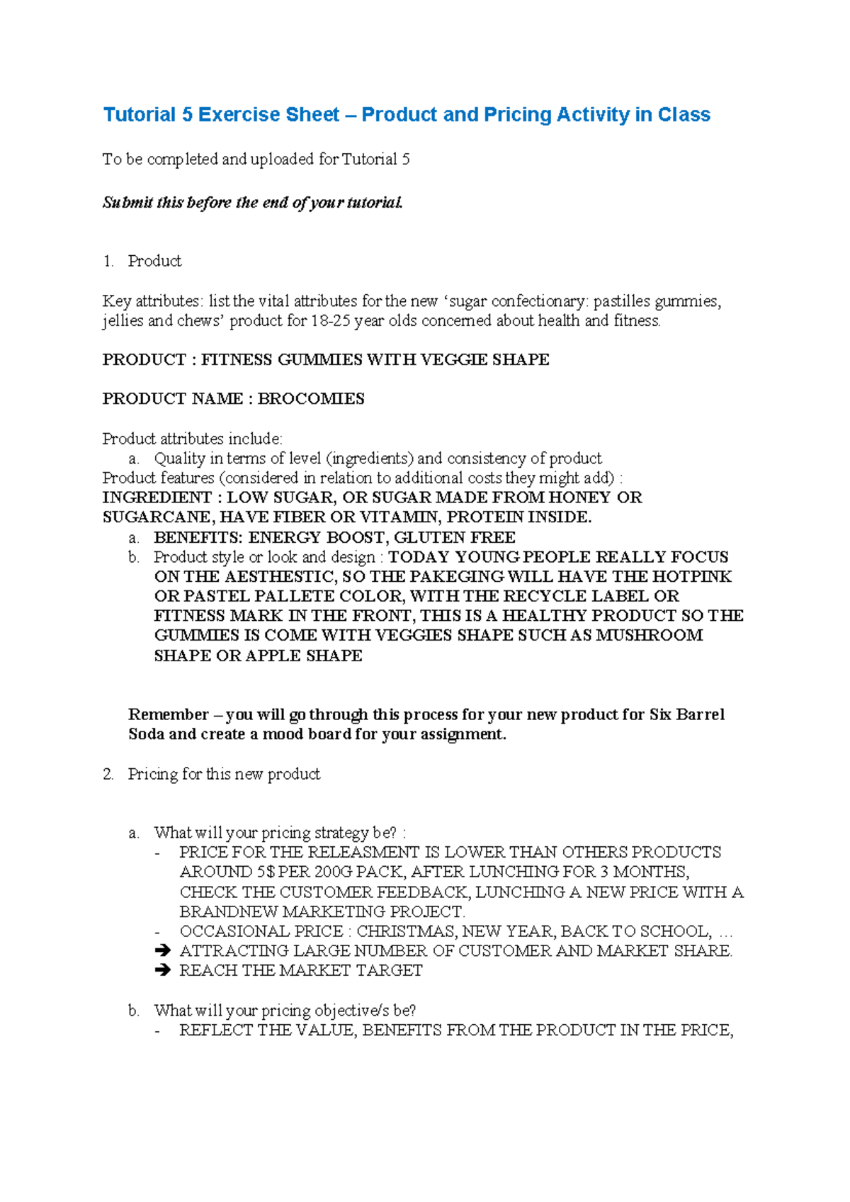 MARK101 Tutorial 5: Product and Pricing Strategy Exercise - Studocu