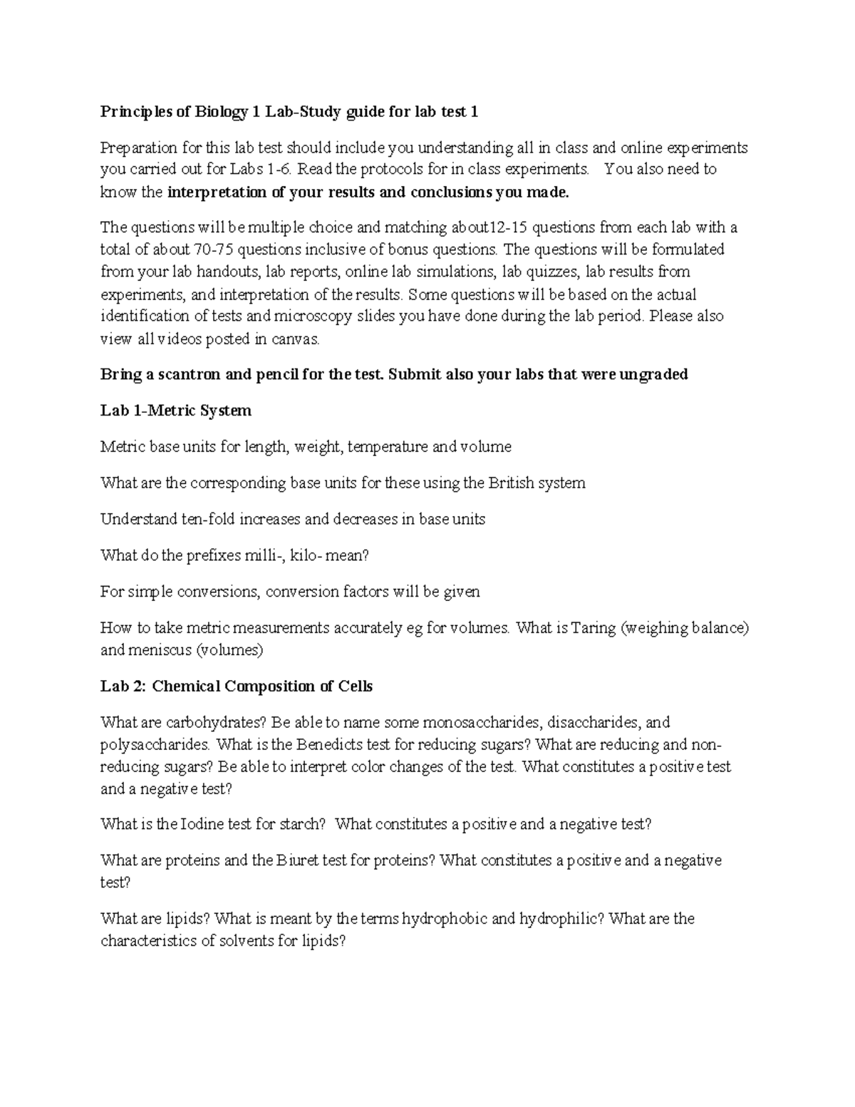 BIO 101 Principles of Biology 1 Lab - Study Guide for Lab Test 1 - Studocu