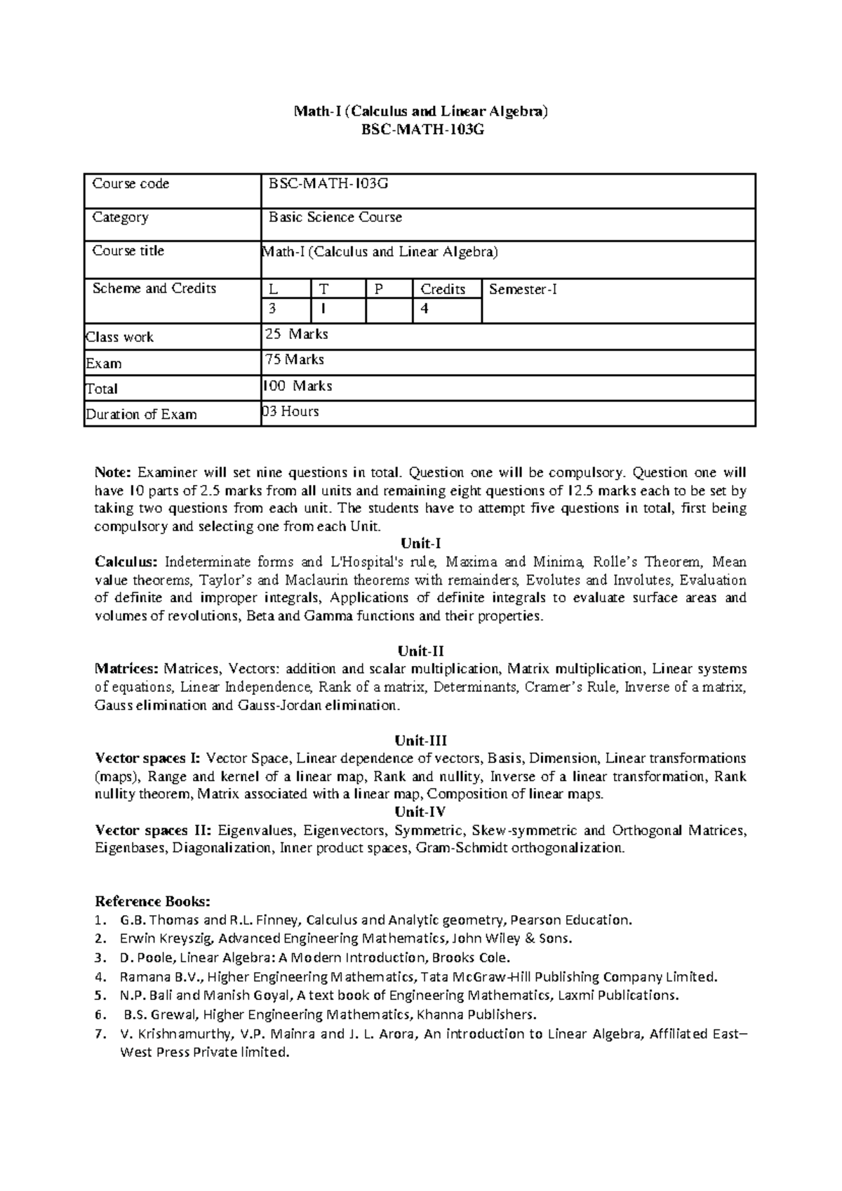 MATH 1 - Calculus and Linear Algebra Exam Guide - Studocu