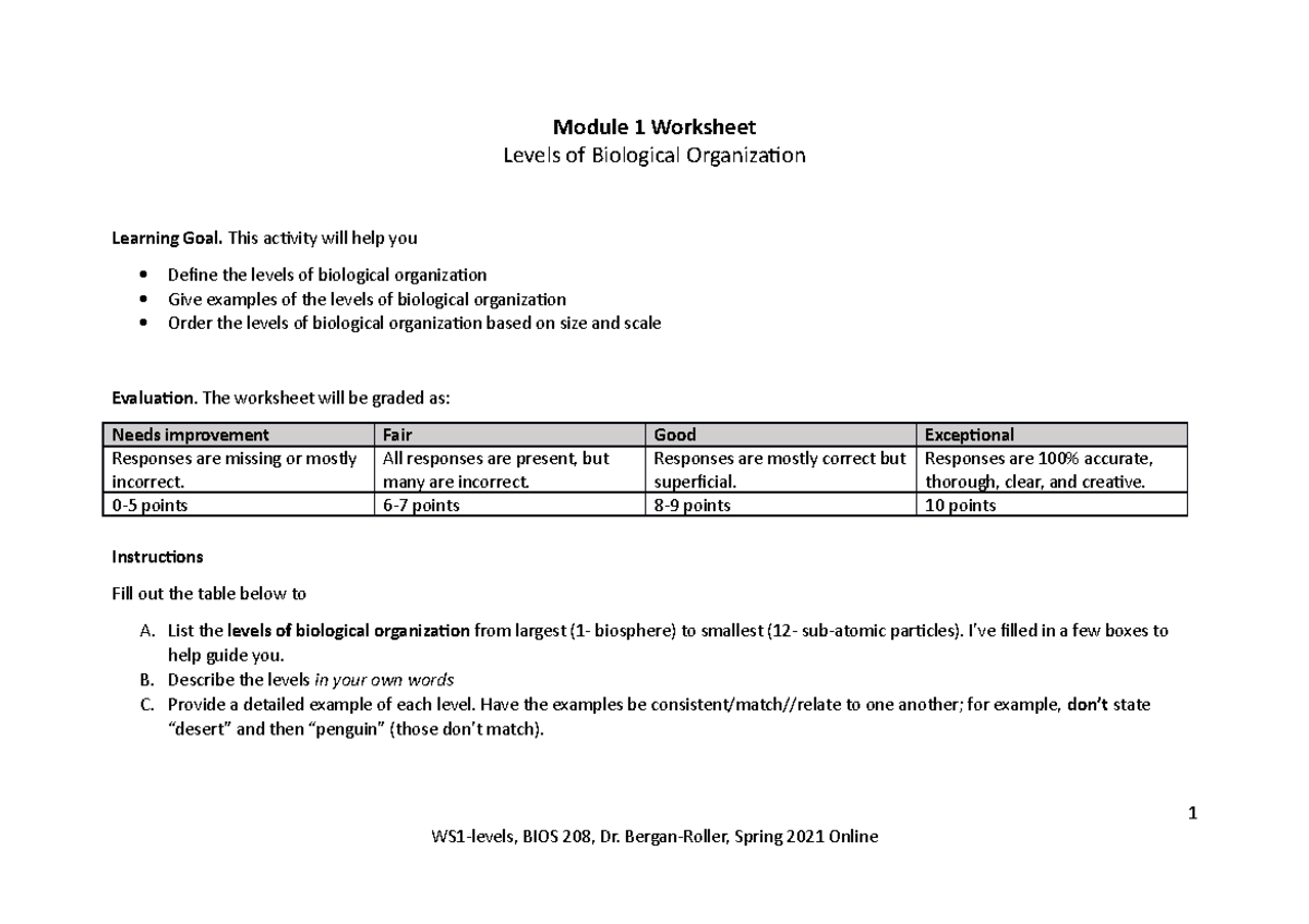Module 1 Worksheet: Levels of Biological Organization Explained - Studocu