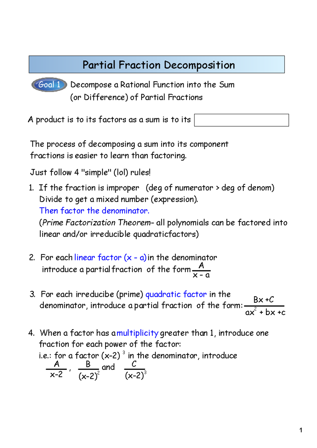 Honors Precalc Partial Fraction Decomposition notes - 1 Partial ...