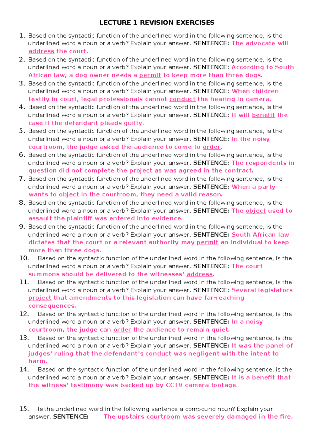 LECTURE 1 REVISION EXERCISES & MEMO: NOUNS VS. VERBS - Studocu