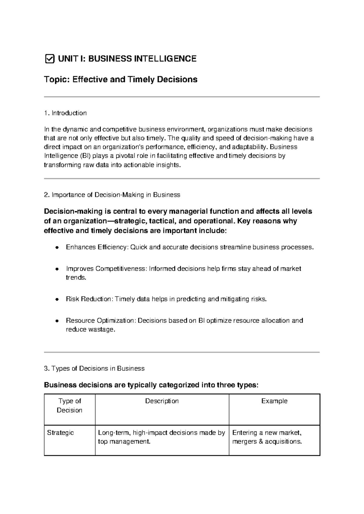 UNIT I: BUSINESS INTELLIGENCE - Effective Decision-Making and BI ...