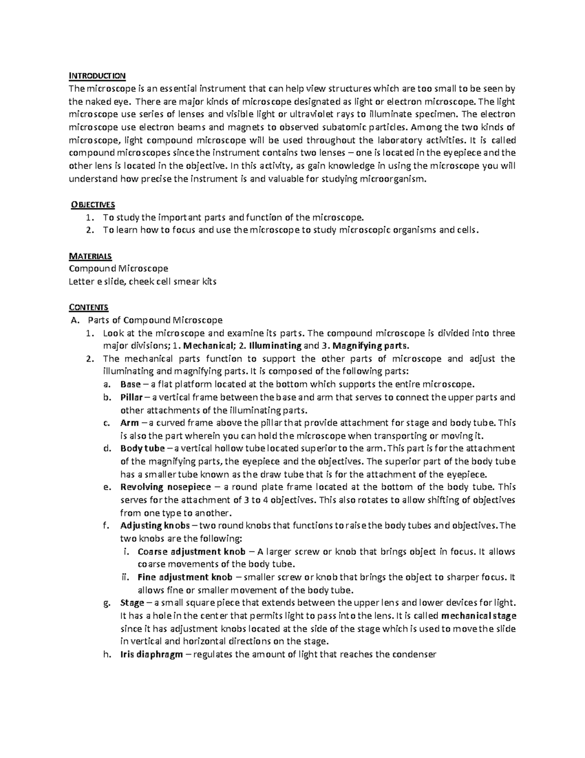 Microscope Lab Activity: Understanding and Using the Compound ...