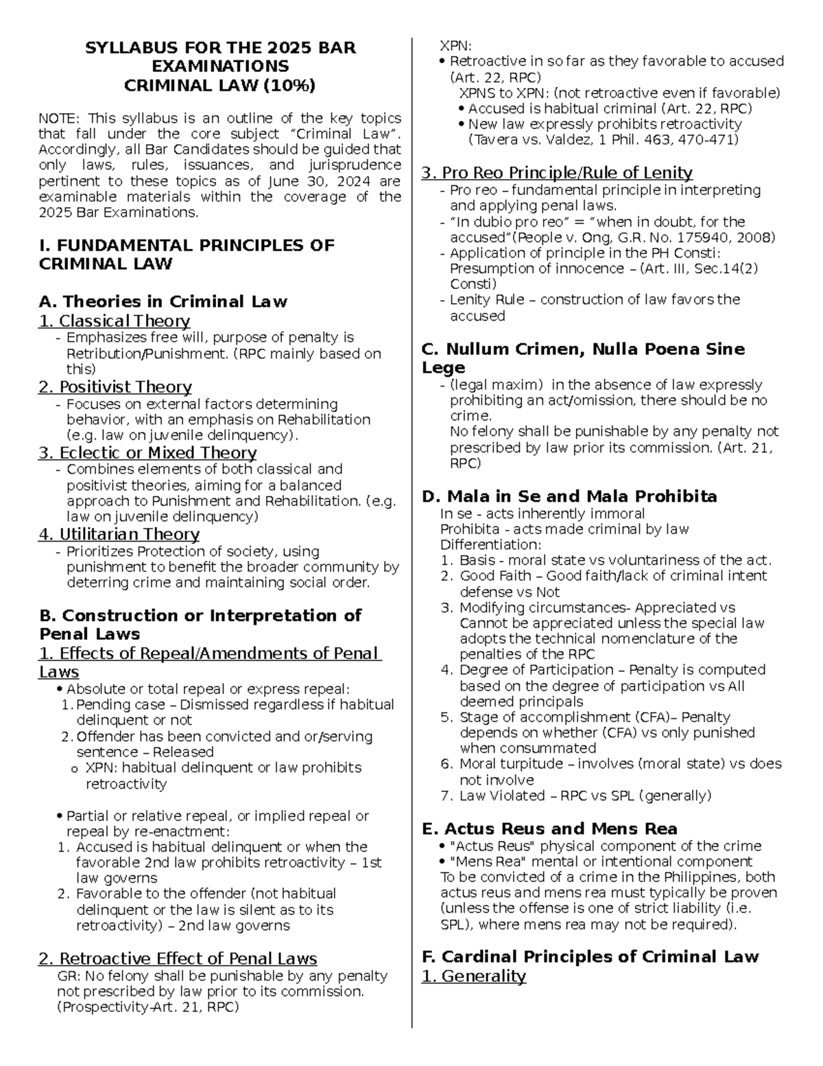 Criminal Law Notes for 2025 Bar Exam: Key Principles & Topics - Studocu