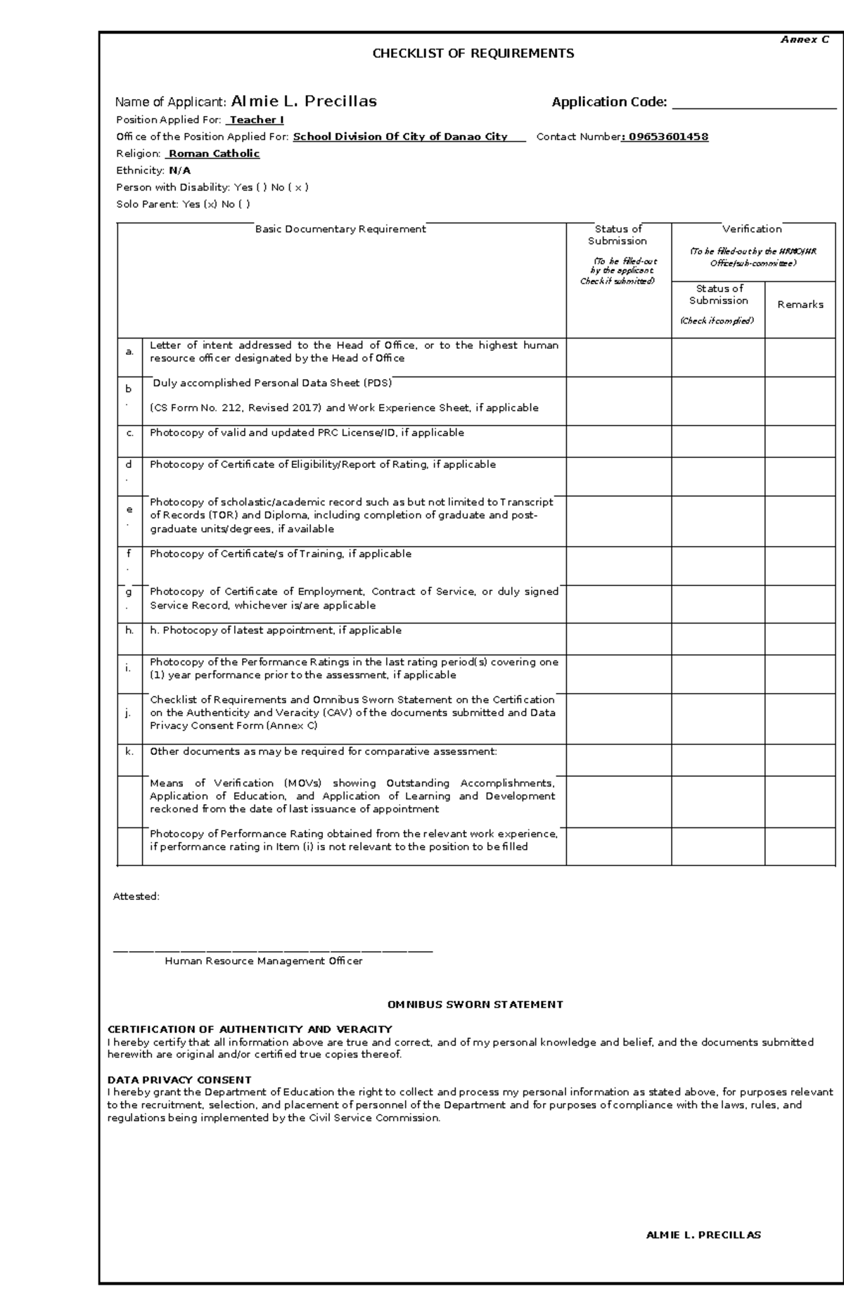 Annex C: Checklist of Requirements for Teacher I Application - Studocu