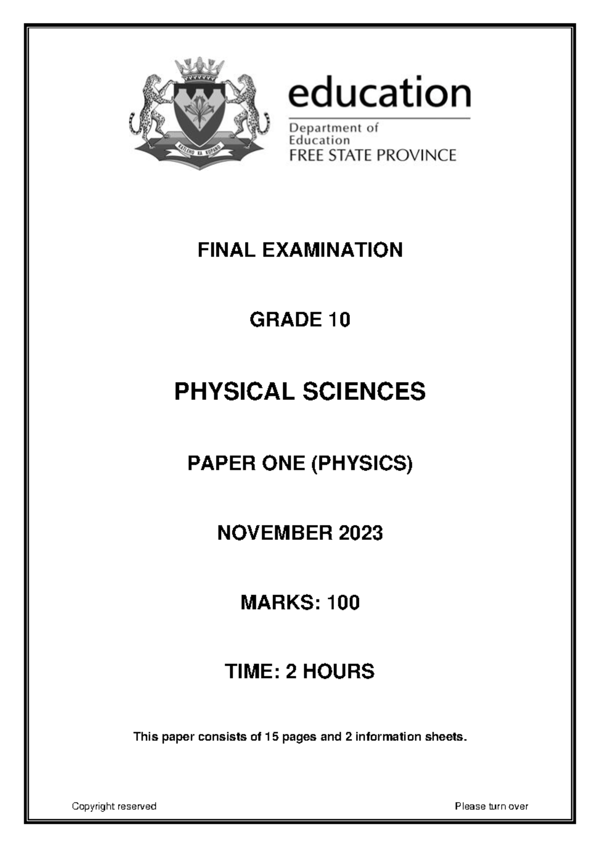 FINAL EXAM GRADE 10 PHYSICAL SCIENCES PAPER 1 NOV 2023 - Studocu