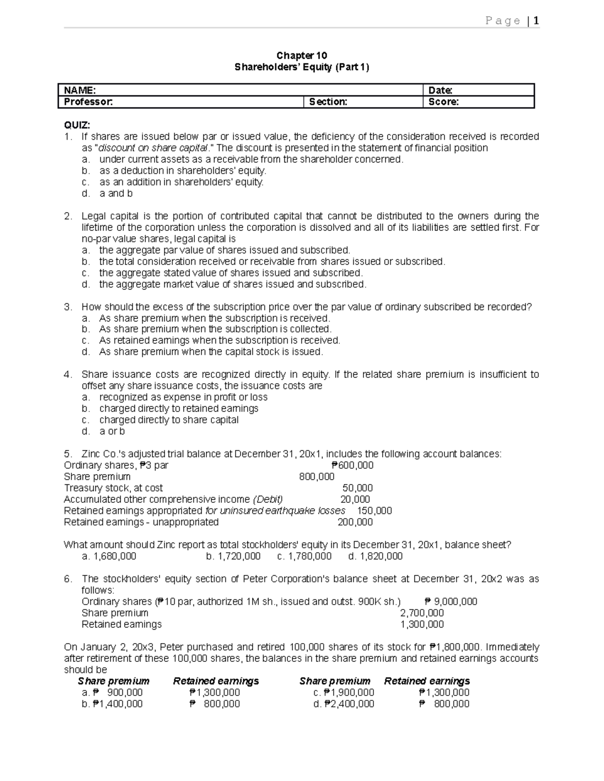 QUIZ: Chapter 10 - Shareholders' Equity (Part 1) 2021 - Studocu