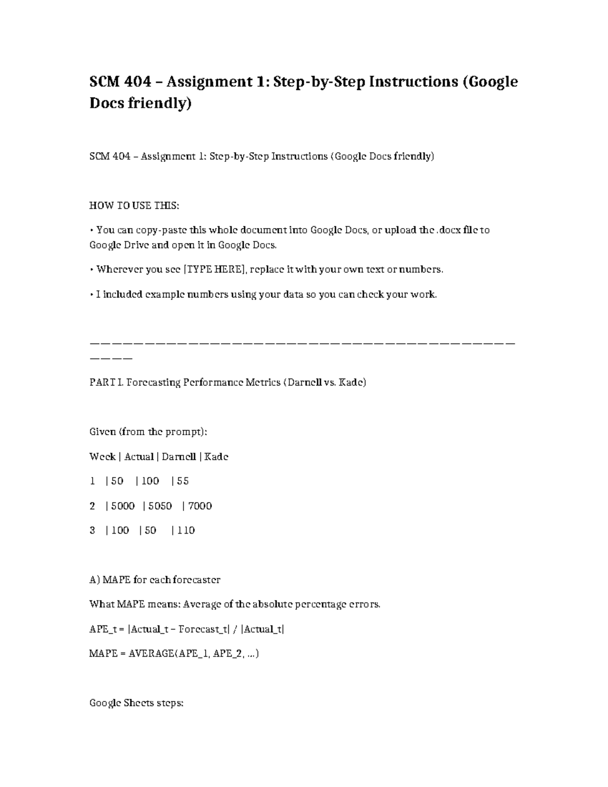 SCM 404 Assignment 1: Step-by-Step Instructions for Forecasting - Studocu