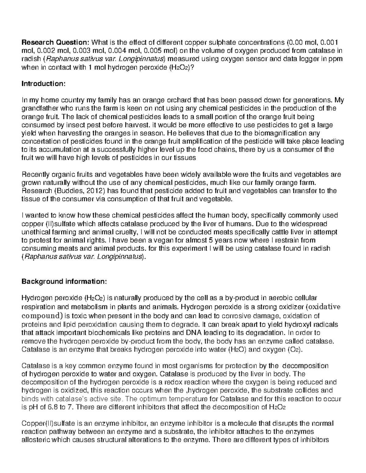 Biology IA: Impact of Copper(II) Sulfate on Catalase Activity in Radish ...