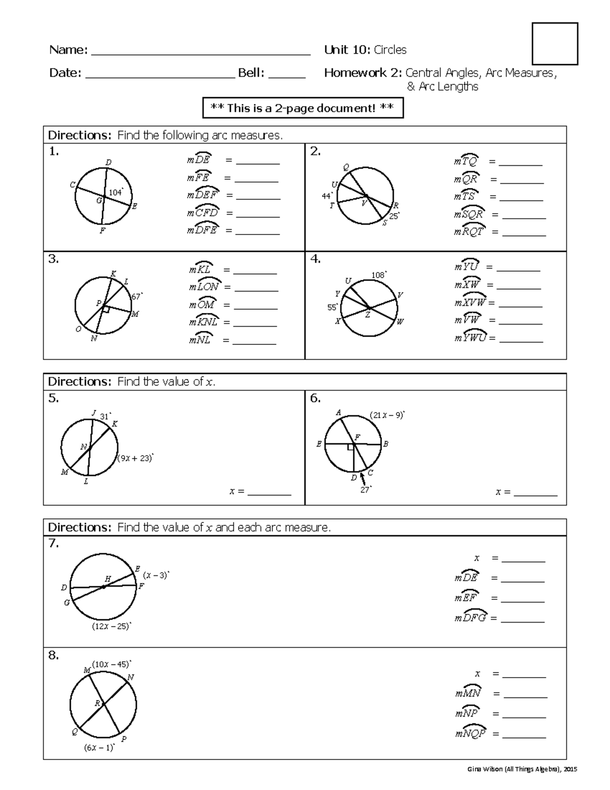 Unit 10 Homework 2: Central Angles & Arc Measures Analysis - Studocu