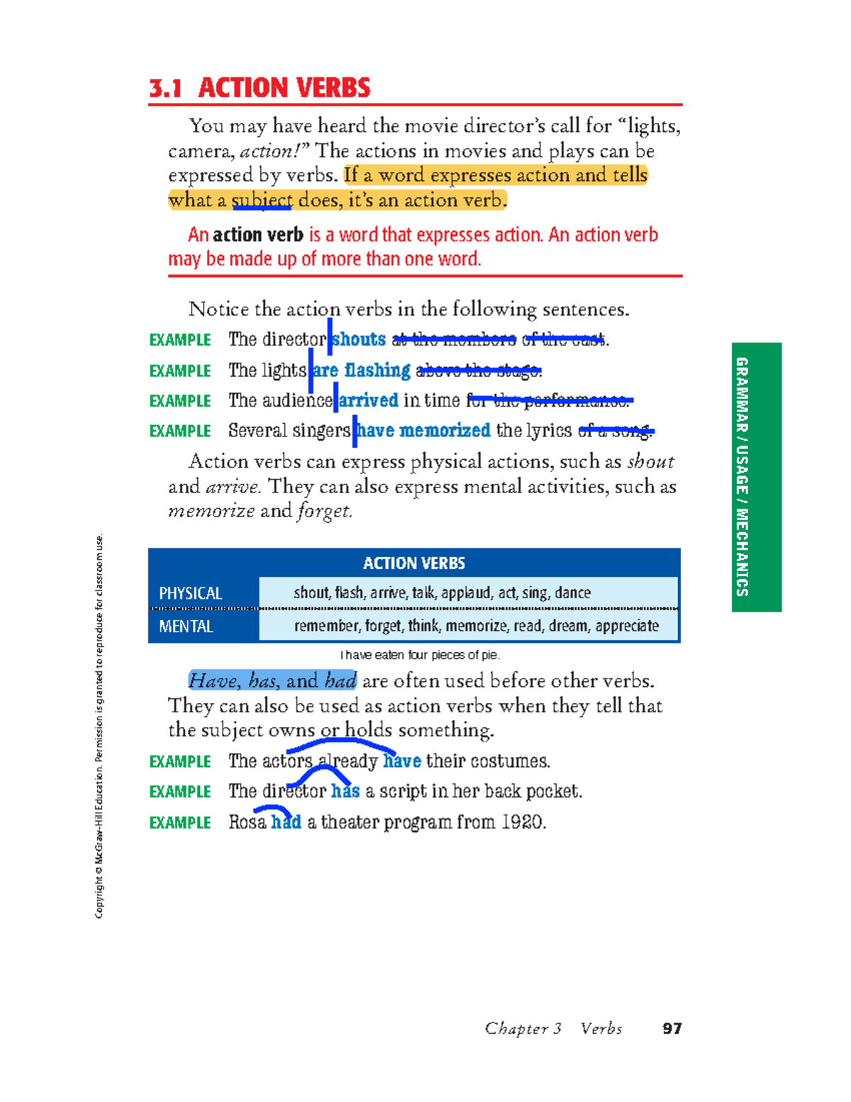 Grammar chapter 3 Verbs - GRAMMAR / USAGE / MECHANICS 3 ACTION VERBS ...
