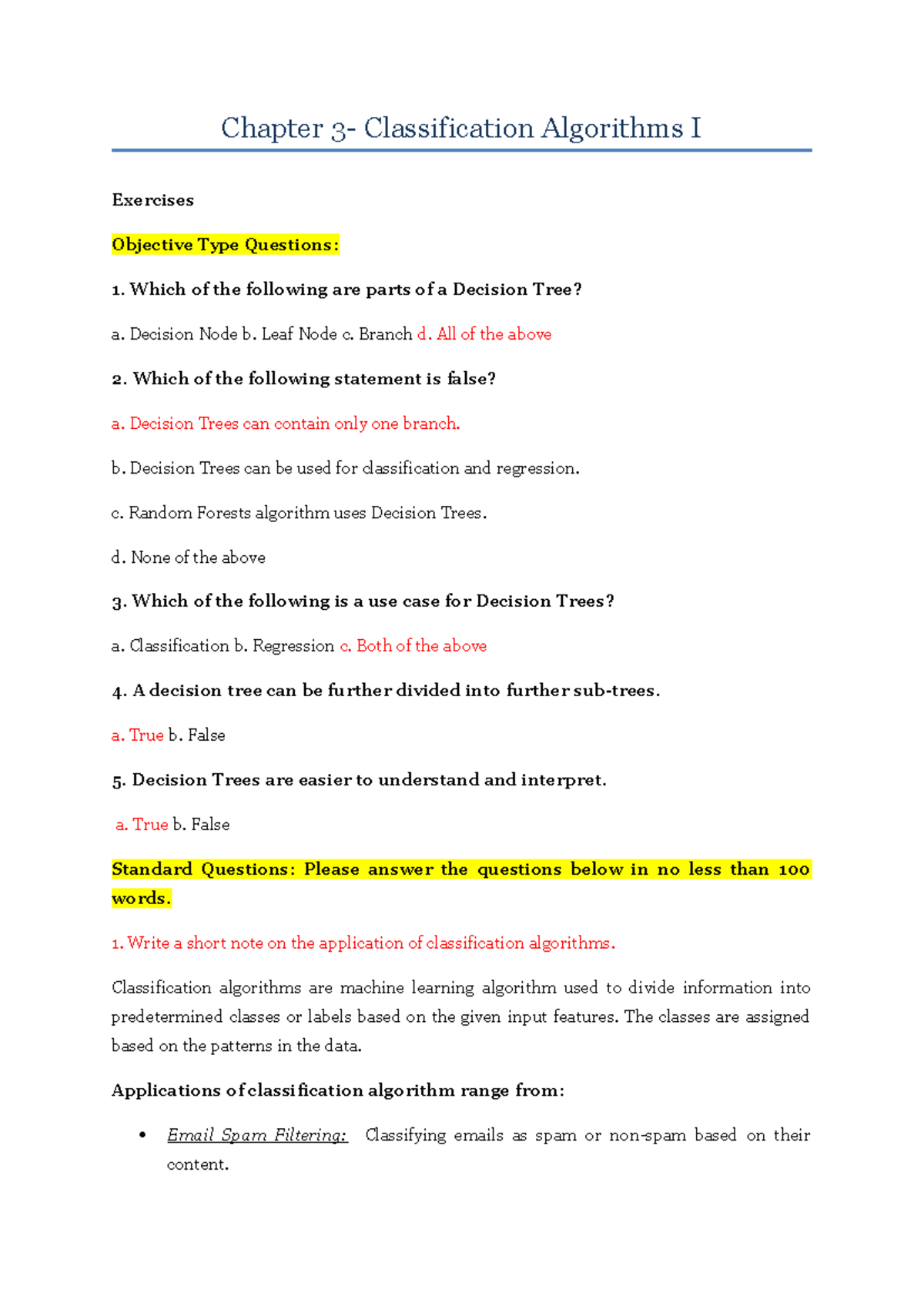 Classification Algorithms 1: Chapter Exercises & Key Concepts - Studocu