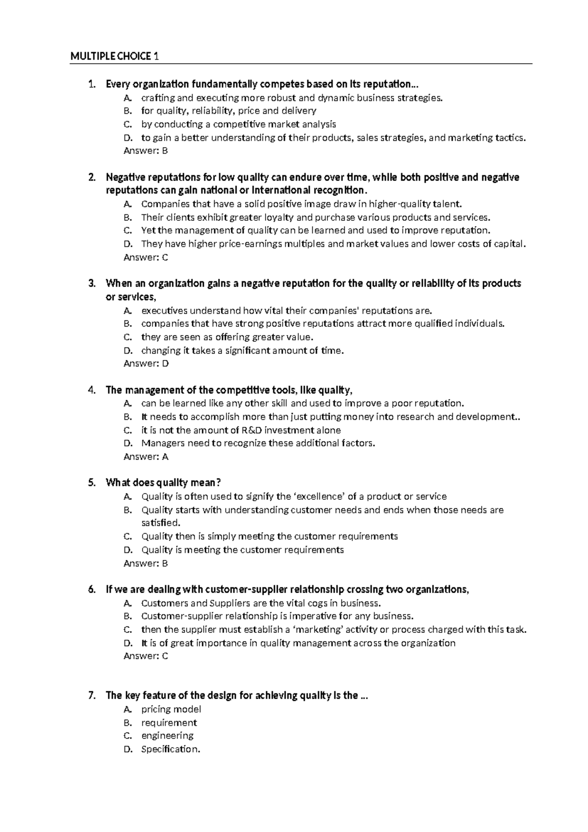 TQM Test Bank Sample Questions and Answers - Studocu