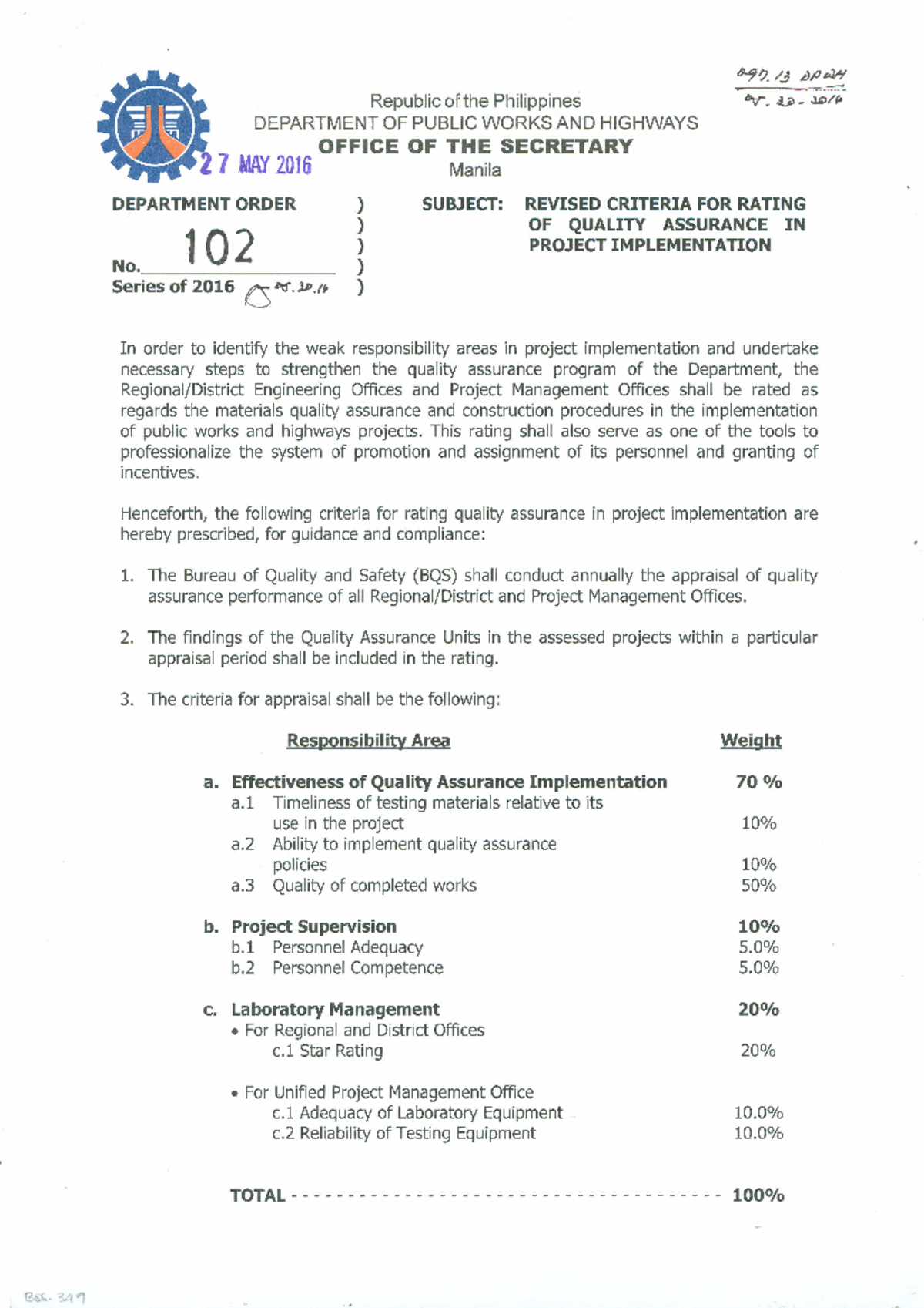 DO 102 s2016 - Revised Quality Assurance Criteria in DPWH Projects ...