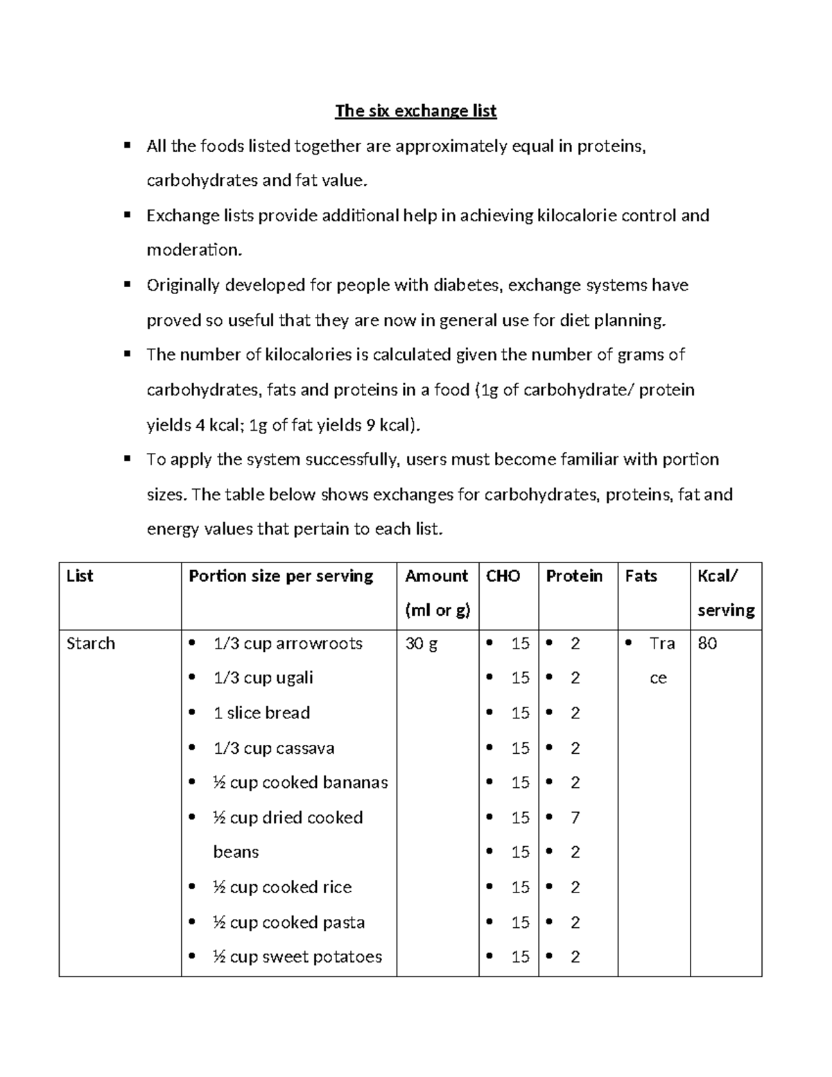 Six Exchange Lists for Balanced Diet Planning - Studocu