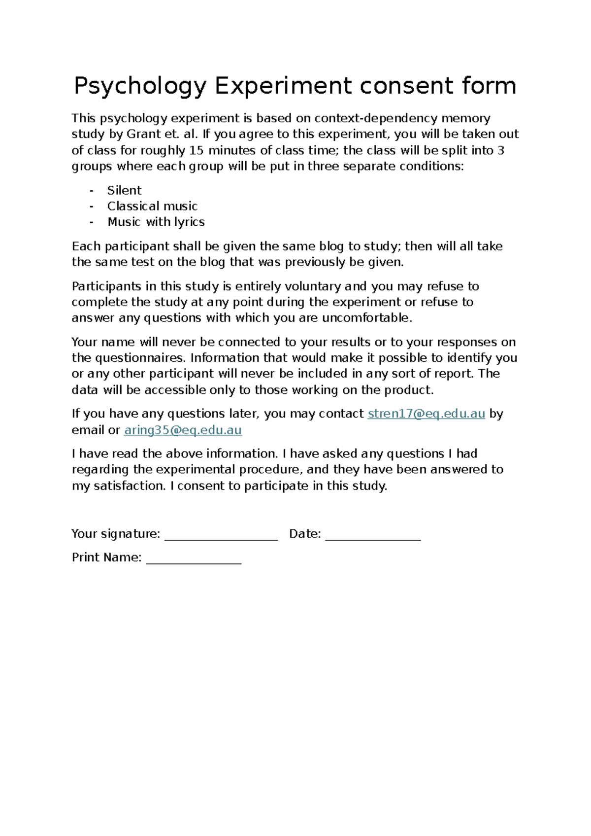 Psychology Experiment Consent Form: Memory Study by Grant et al. - Studocu