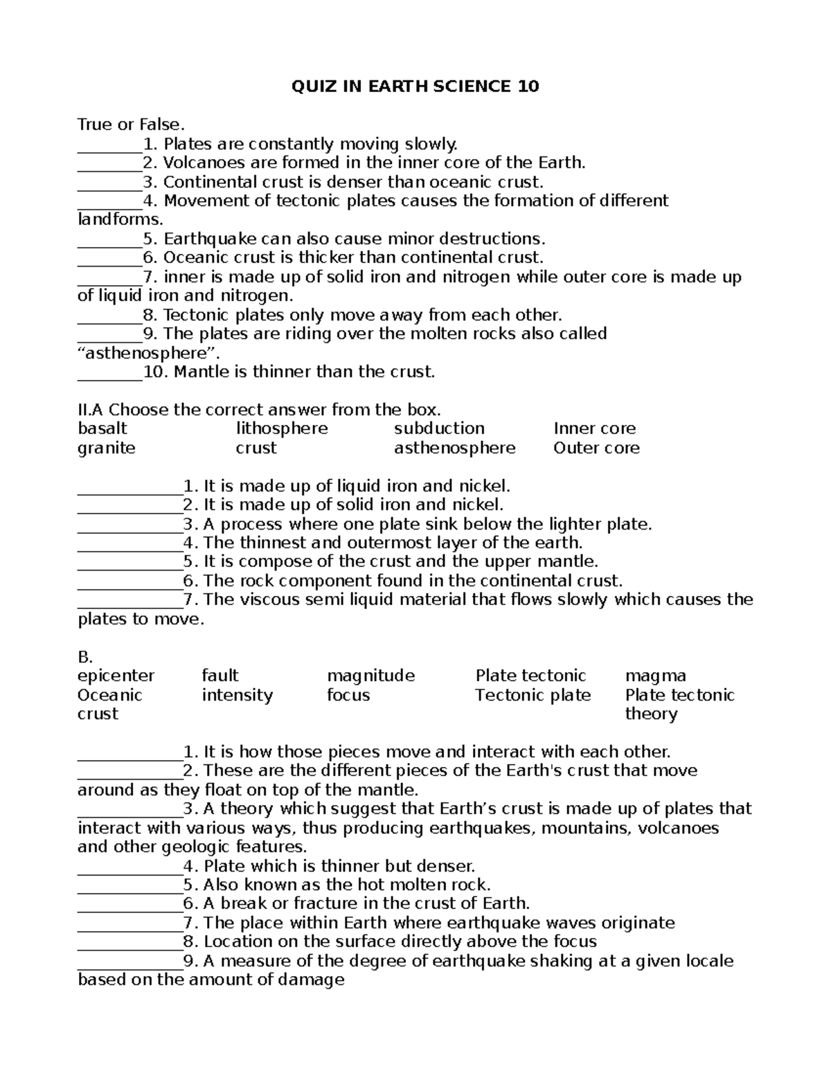 QUIZ: EARTH SCIENCE 10 - Layers of the Earth Concepts - Studocu