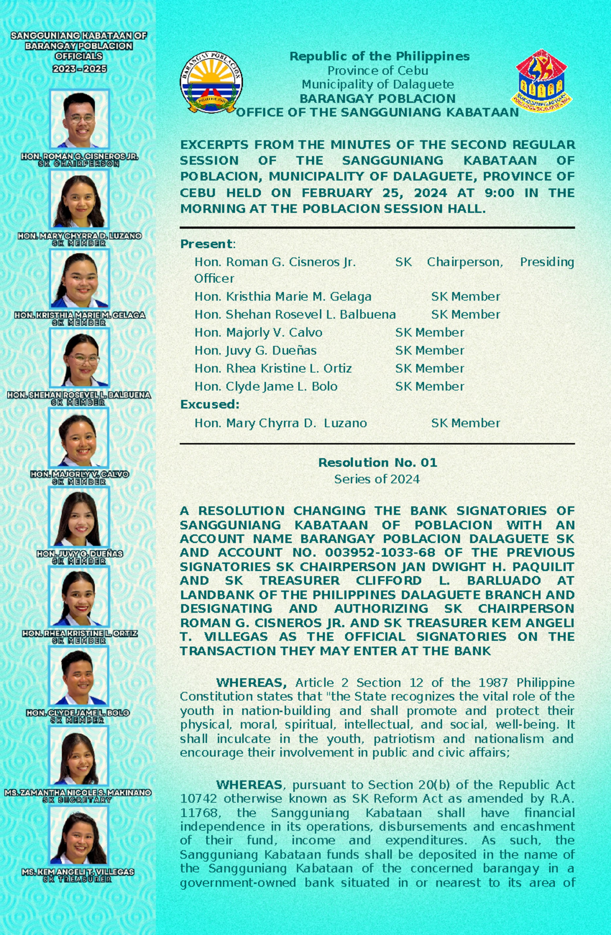SK Poblacion - Resolution No. 1, Series of 2024 (Change of Signatories ...