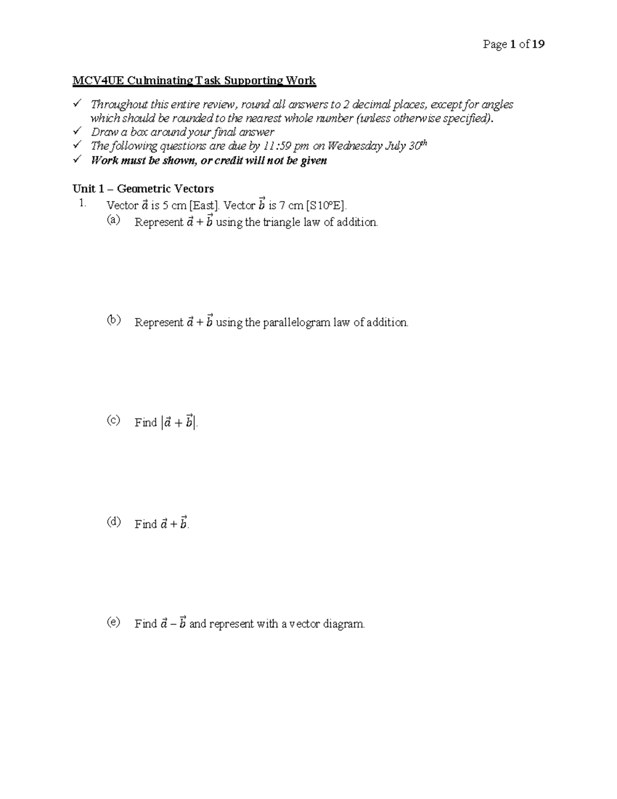 MCV4UE Culminating Task Review: Geometric & Cartesian Vectors - Studocu