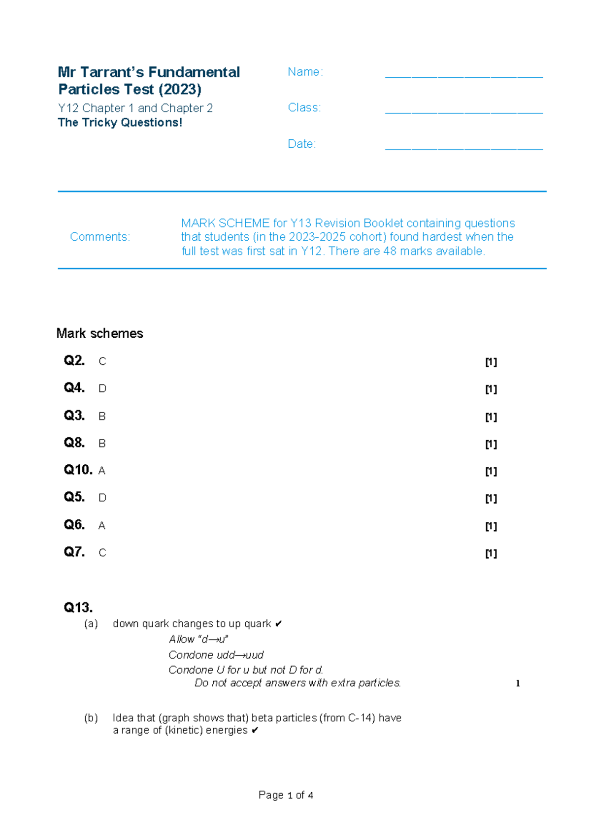 Y12 Fundamental Particles Test Mark Scheme for Tricky Questions - Studocu
