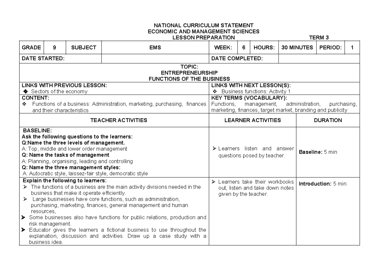 NATIONAL CURRICULUM EMS GRADE 9 LESSON PLAN: ENTREPRENEURSHIP - Studocu