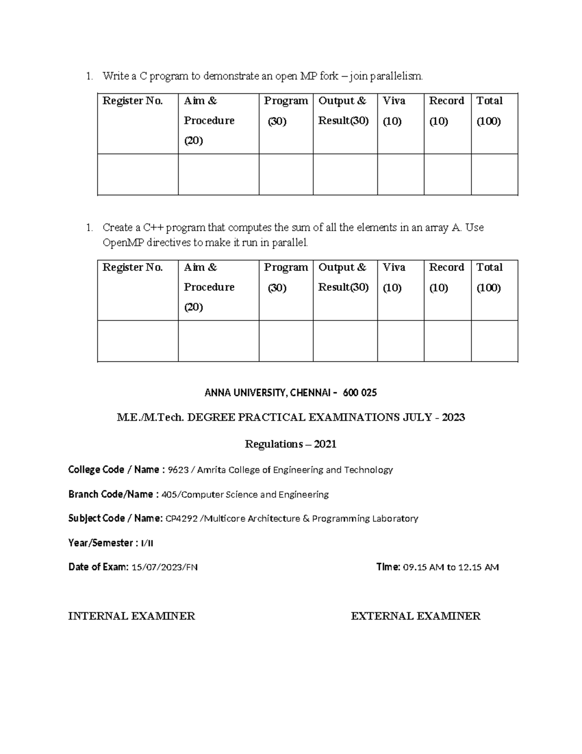 CP4292 Multicore Arch & Programming Lab: List of Experiments - Studocu