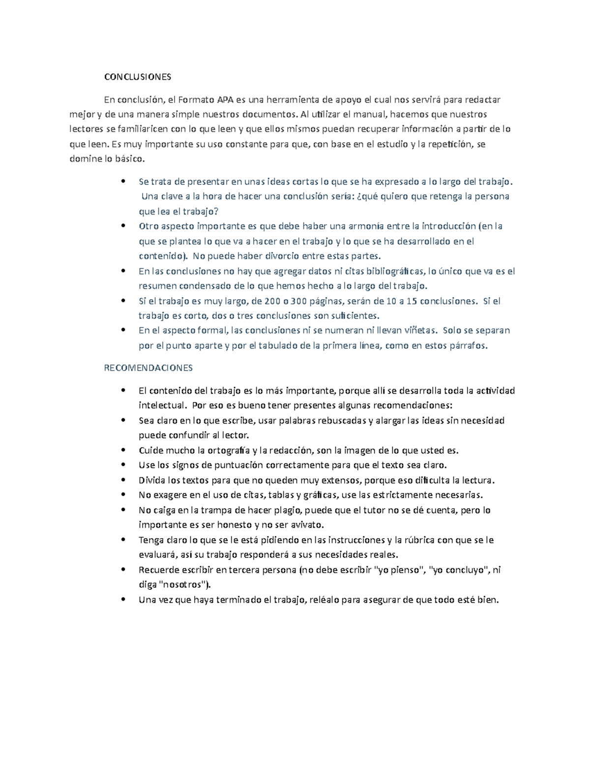 Conclusiones y Recomendaciones sobre el Formato APA (Curso: 101) - Studocu
